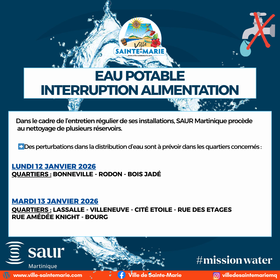 𝐄𝐀𝐔 𝐏𝐎𝐓𝐀𝐁𝐋𝐄 – 𝐈𝐍𝐓𝐄𝐑𝐑𝐔𝐏𝐓𝐈𝐎𝐍 𝐃’𝐀𝐋𝐈𝐌𝐄𝐍𝐓𝐀𝐓𝐈𝐎𝐍 – Ville de Sainte Marie